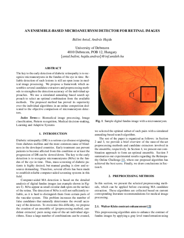 Pdf An Ensemble Based Microaneurysm Detector For Retinal Images