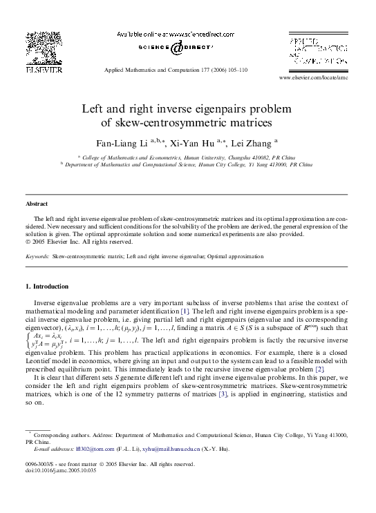 Pdf Left And Right Inverse Eigenpairs Problem Of Skew Centrosymmetric