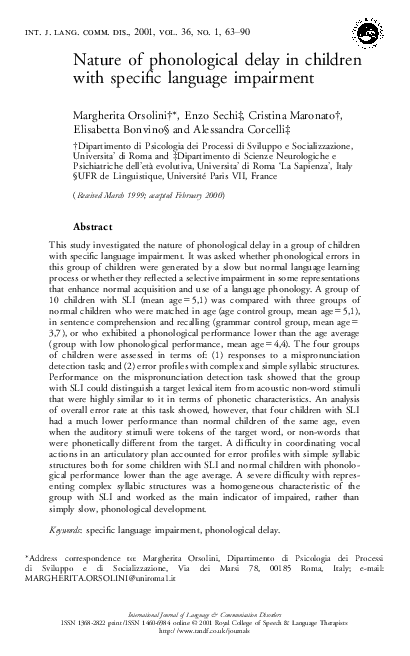 (PDF) Nature of phonological delay in children with specific language impairment