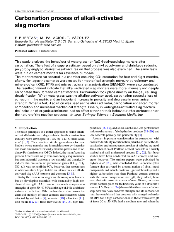 (PDF) Carbonation process of alkali-activated slag mortars