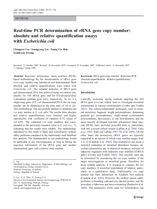 (PDF) Real-time PCR determination of rRNA gene copy number: absolute ...