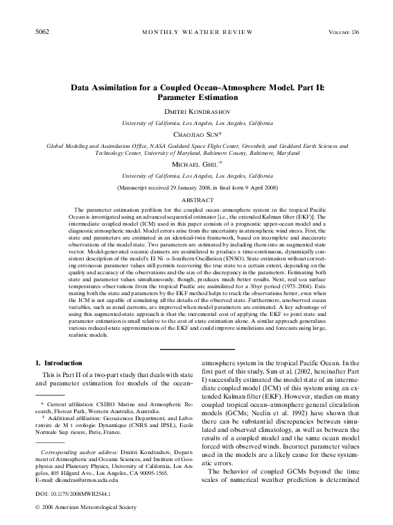 Pdf Data Assimilation For A Coupled Ocean Atmosphere Model Part I Sequential State Estimation