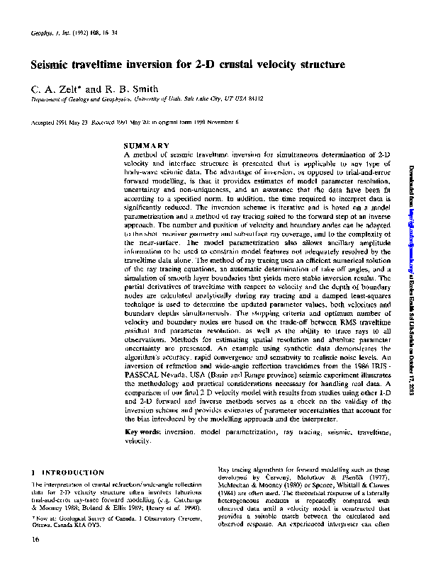 (PDF) Seismic traveltime inversion for 2-D crustal velocity structure