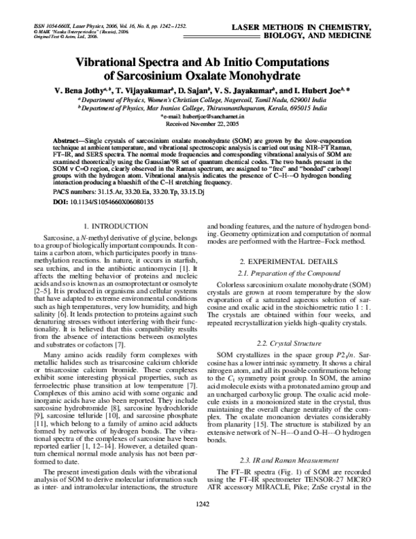 Pdf Vibrational Spectra And Ab Initio Computations Of Sarcosinium