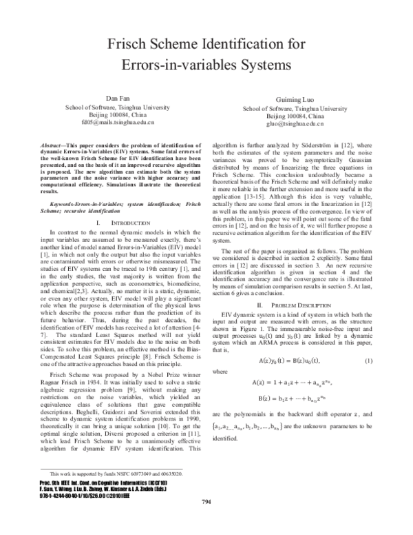 Pdf Frisch Scheme Identification For Errors In Variables Systems