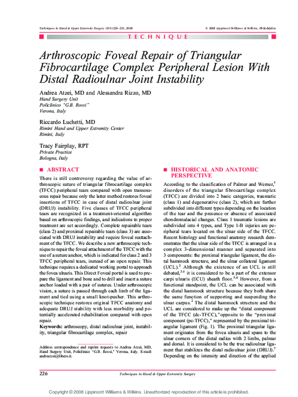 (PDF) Arthroscopic Foveal Repair of Triangular Fibrocartilage Complex Peripheral Lesion With ...
