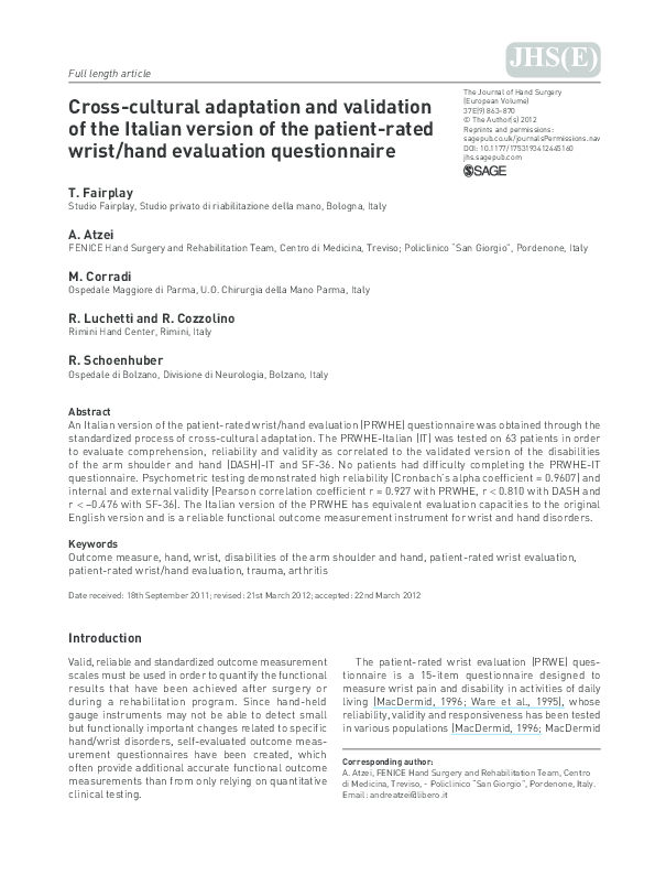 Pdf Cross Cultural Adaptation And Validation Of The Italian Version Of The Patient Rated Wrist