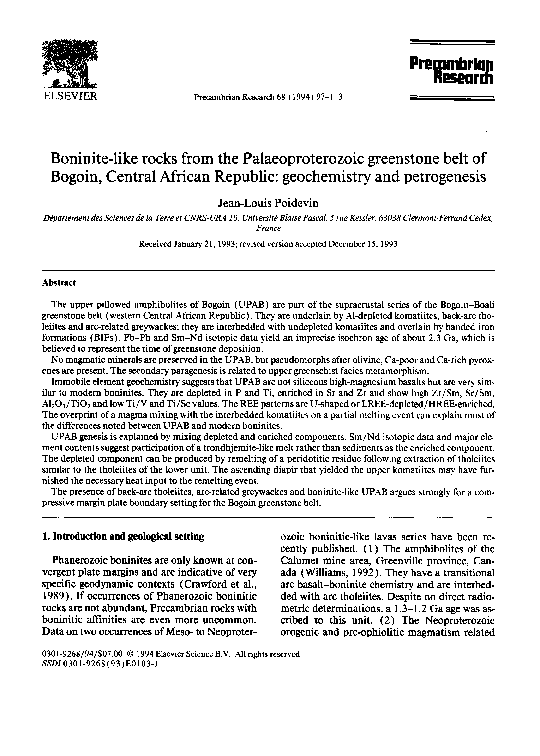 (PDF) Boninite-like rocks from the Palaeoproterozoic greenstone belt of ...
