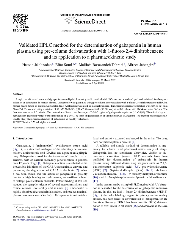 Pdf Validated Hplc Method For The Determination Of Gabapentin In Human Plasma Using Pre Column