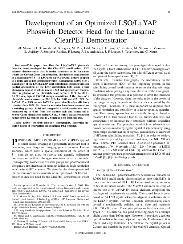 (PDF) Development of an optimized LSO/LuYAP phoswich detector head for the Lausanne ClearPET ...