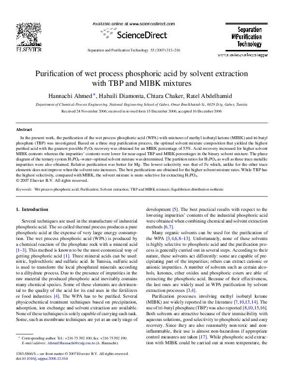(PDF) Purification of wet process phosphoric acid by solvent extraction ...