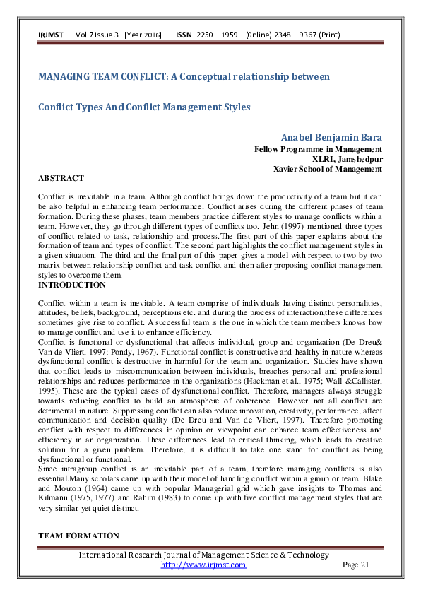 (PDF) MANAGING TEAM CONFLICT: A Conceptual relationship between ...