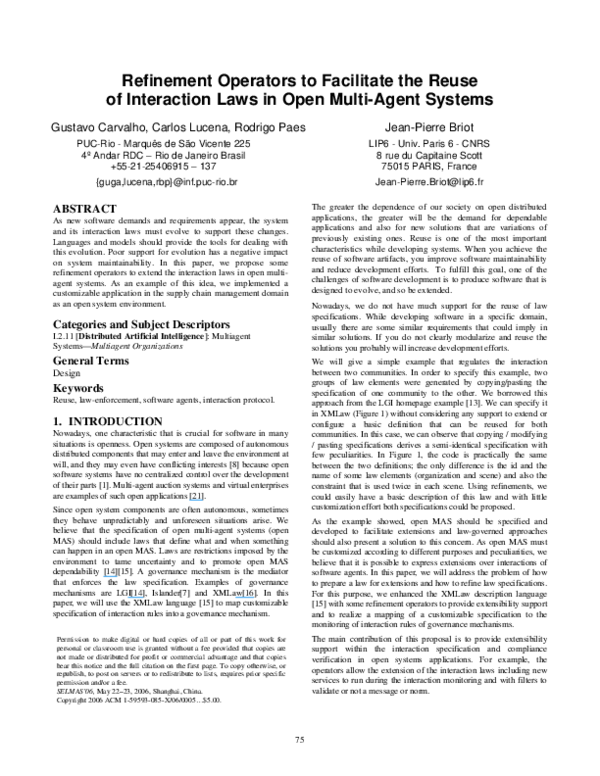 (PDF) Refinement operators to facilitate the reuse of interaction laws in open multi-agent systems