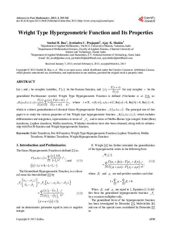 (PDF) Wright Type Hypergeometric Function and Its Properties