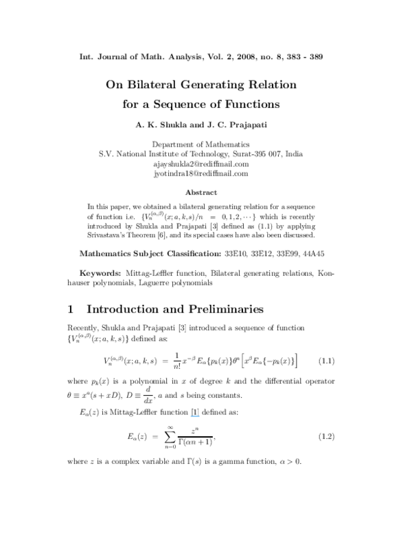 (PDF) On Bilateral Generating Relation for a Sequence of Functions