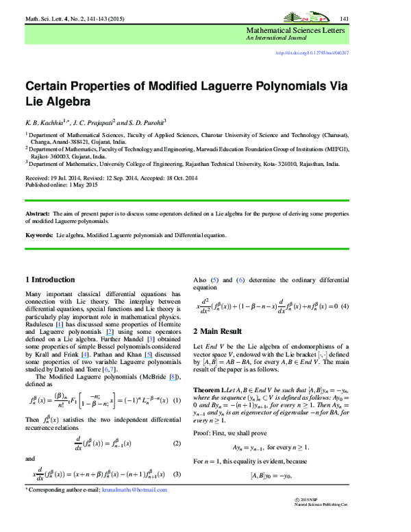 (PDF) Certain Properties of Modified Laguerre Polynomials Via Lie Algebra