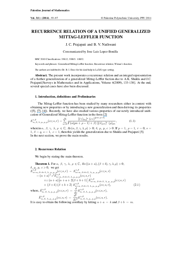 Pdf “recurrence Relation Of A Unified Generalized Mittag Leffler Function”