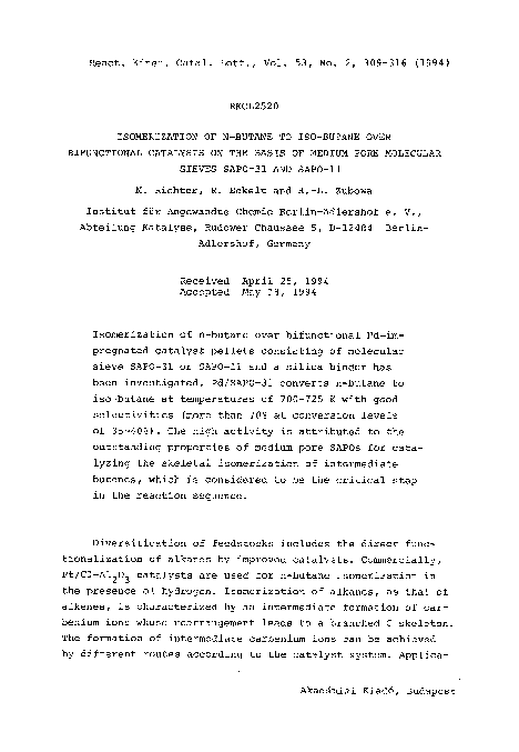 (PDF) Isomerization of n-butane to iso-butane over bifunctional ...
