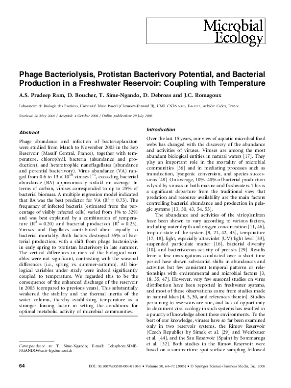 (PDF) Phage Bacteriolysis, Protistan Bacterivory Potential, and Bacterial Production in a ...