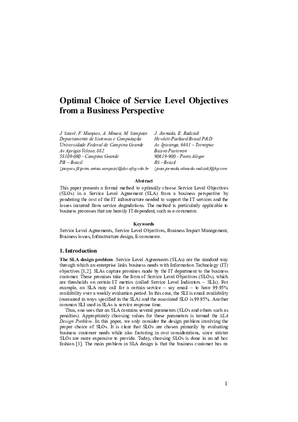 (PDF) Optimal Choice of Service Level Objectives from a Business ...