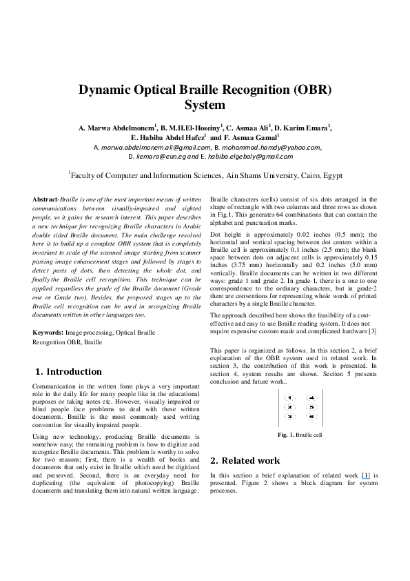 Pdf Dynamic Optical Braille Recognition Obr System