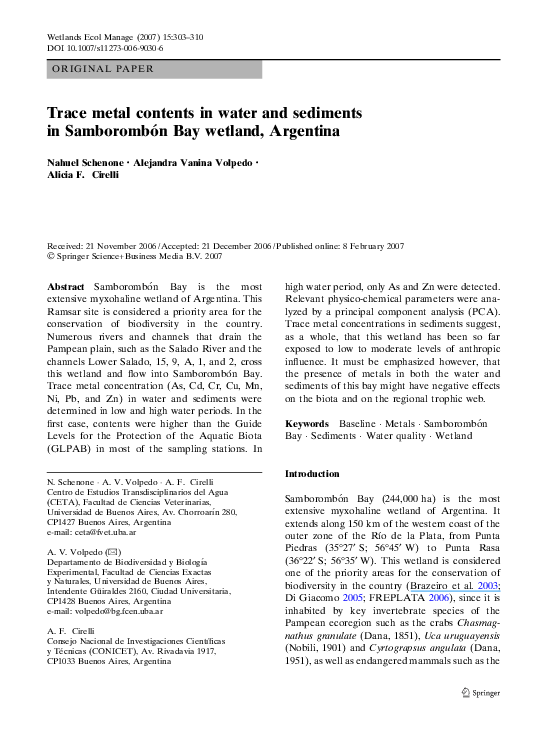 (PDF) Trace metal contents in water and sediments in Samborombón Bay wetland, Argentina