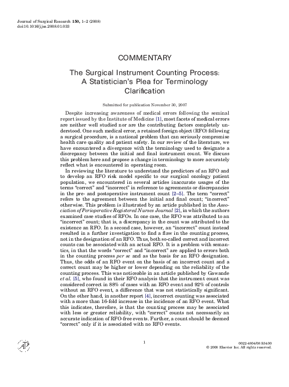 (PDF) The Surgical Instrument Counting Process: A Statistician's Plea ...