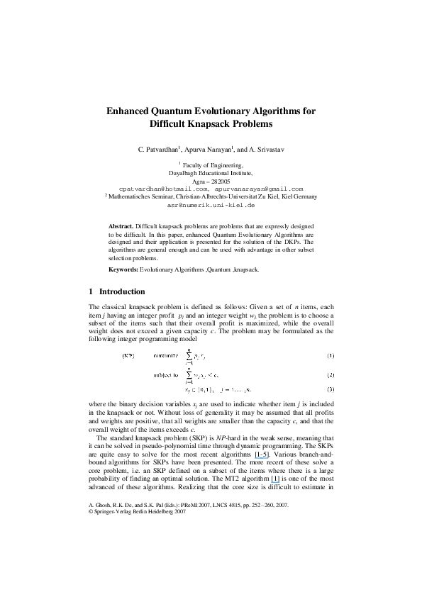 (PDF) Enhanced Quantum Evolutionary Algorithms for Difficult Knapsack Problems