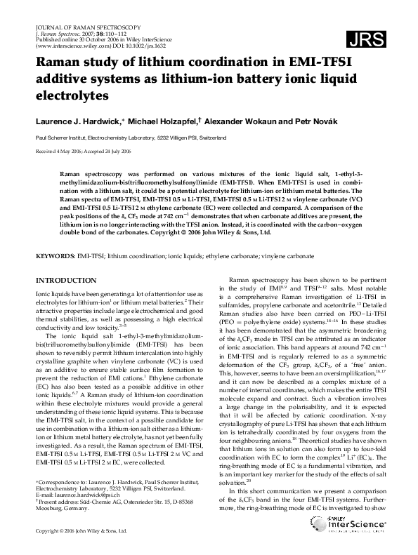 (PDF) Raman study of lithium coordination in EMI-TFSI additive systems ...
