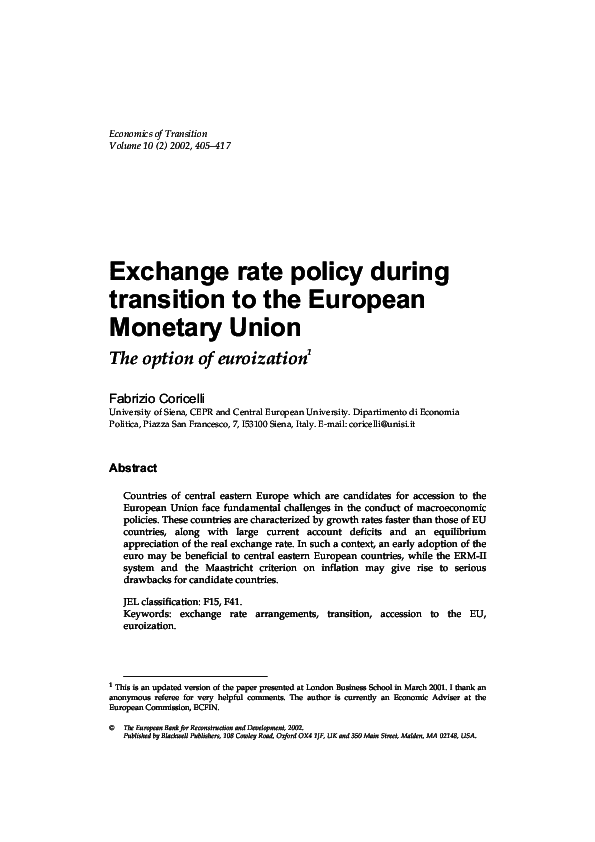 (PDF) Exchange rate policy during transition to the European Monetary ...