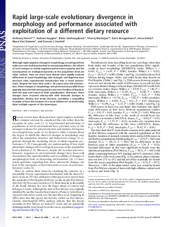 (PDF) Rapid large-scale evolutionary divergence in morphology and performance associated with ...