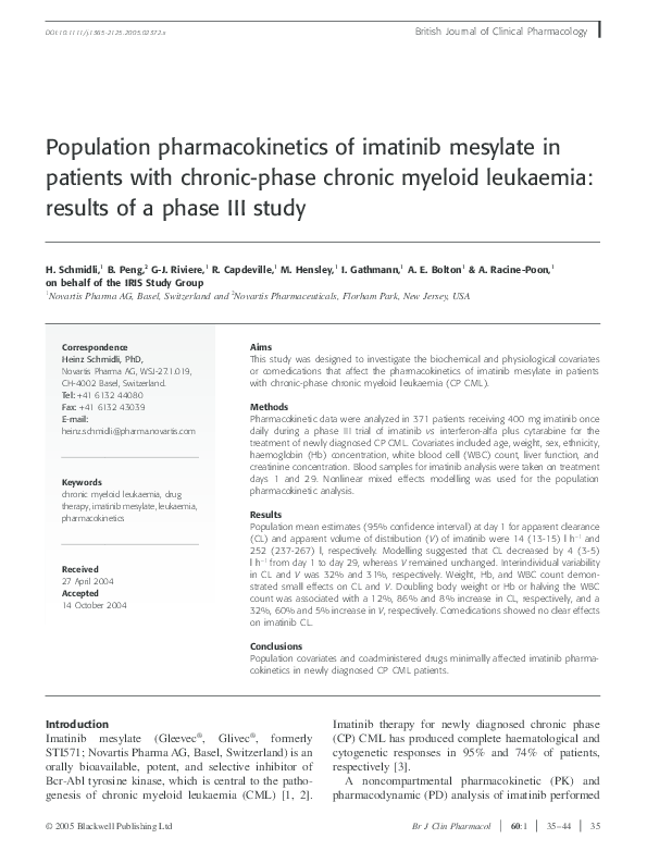 (PDF) Population pharmacokinetics of imatinib mesylate in patients with chronic-phase chronic ...