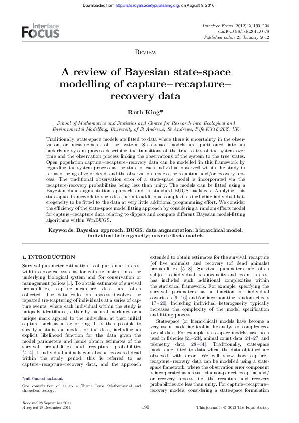 Pdf A Review Of Bayesian State Space Modelling Of Capture Recapture
