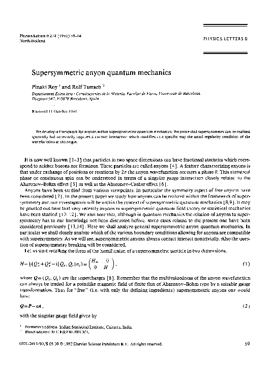(PDF) Supersymmetric anyon quantum mechanics