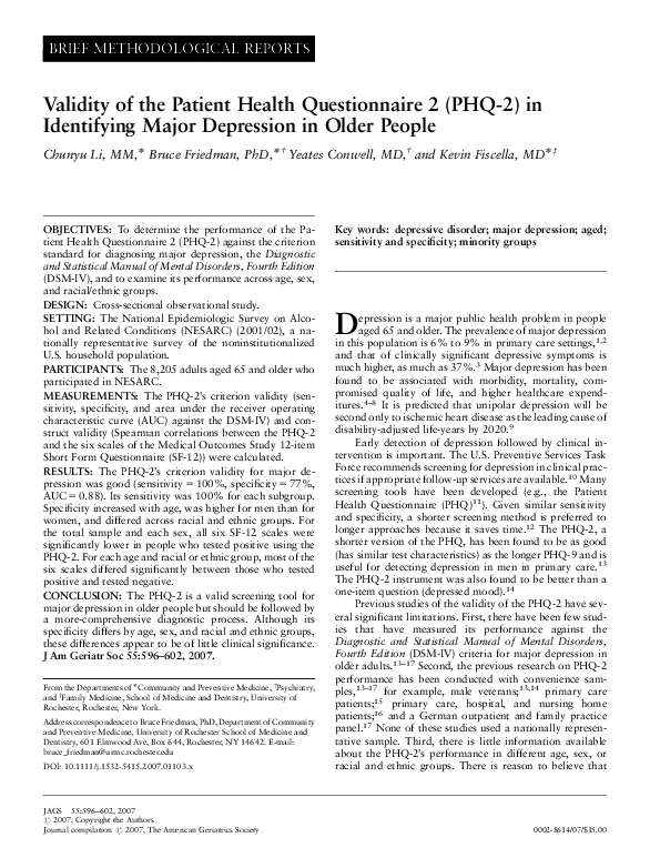 (PDF) Validity of the Patient Health Questionnaire 2 (PHQ-2) in ...