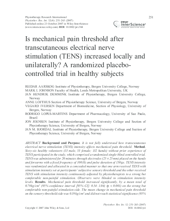 (PDF) Is mechanical pain threshold after transcutaneous electrical nerve stimulation (TENS ...