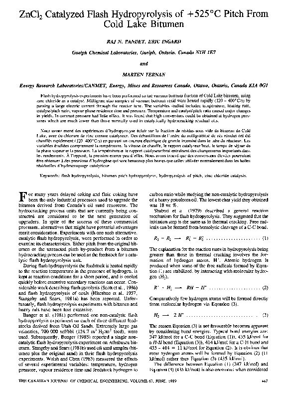 (PDF) Zncl 2 catalyzed flash hydropyrolysis of +525 C pitch from cold lake bitumen