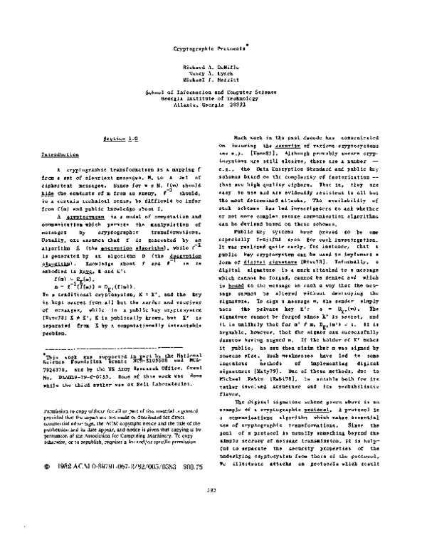 (PDF) Cryptographic protocols | Richard A DeMillo - Academia.edu