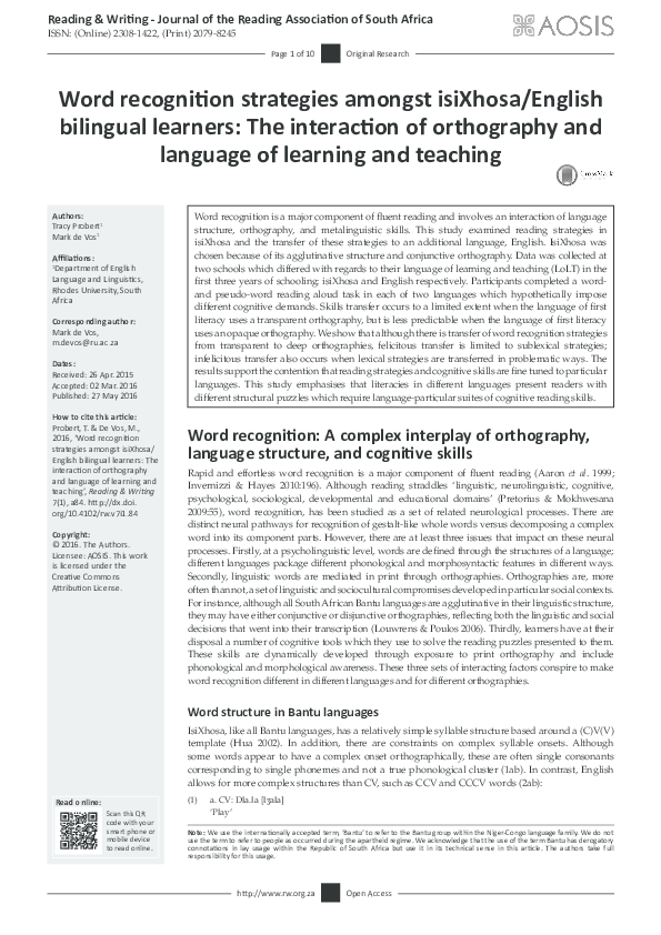 (PDF) Word recognition: A complex interplay of orthography, language ...