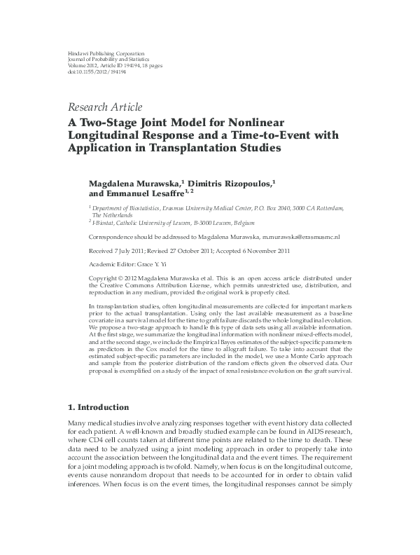 Pdf A Two Stage Joint Model For Nonlinear Longitudinal Response And A