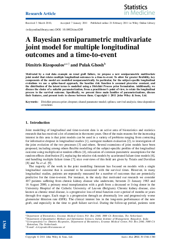 Pdf A Bayesian Semiparametric Multivariate Joint Model For Multiple Longitudinal Outcomes And