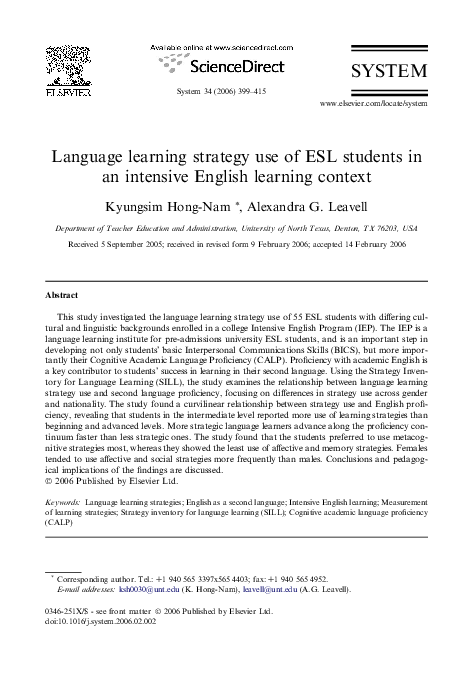 (PDF) Language learning strategy use of ESL students in an intensive English learning context