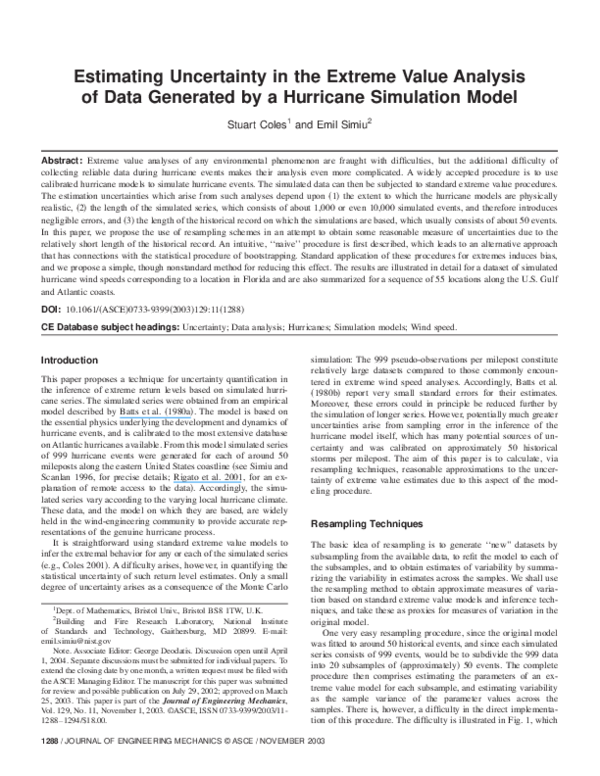 (PDF) Estimating Uncertainty in the Extreme Value Analysis of Data Generated by a Hurricane ...