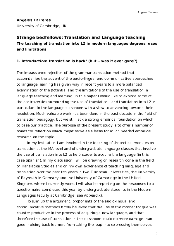 (DOC) Strange Bedfellows: Translation and Language teaching