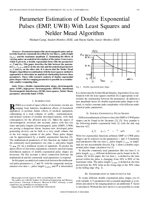 (PDF) Parameter Estimation of Double Exponential Pulses (EMP, UWB) With Least Squares and Nelder ...