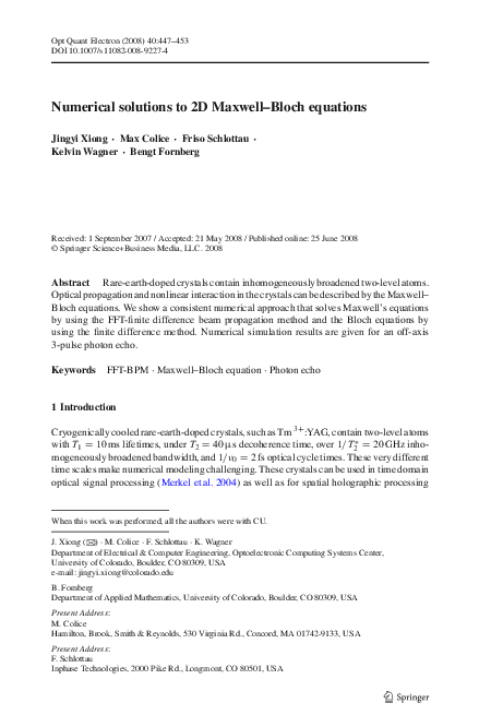 (PDF) Numerical solutions to 2D Maxwell–Bloch equations