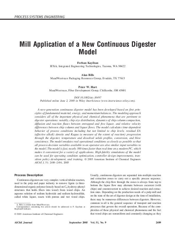 (PDF) Mill application of a new continuous digester model