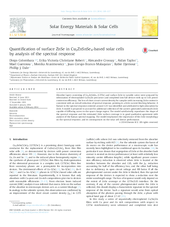 (PDF) Quantification of surface ZnSe in Cu2ZnSnSe4-based solar cells by analysis of the spectral ...