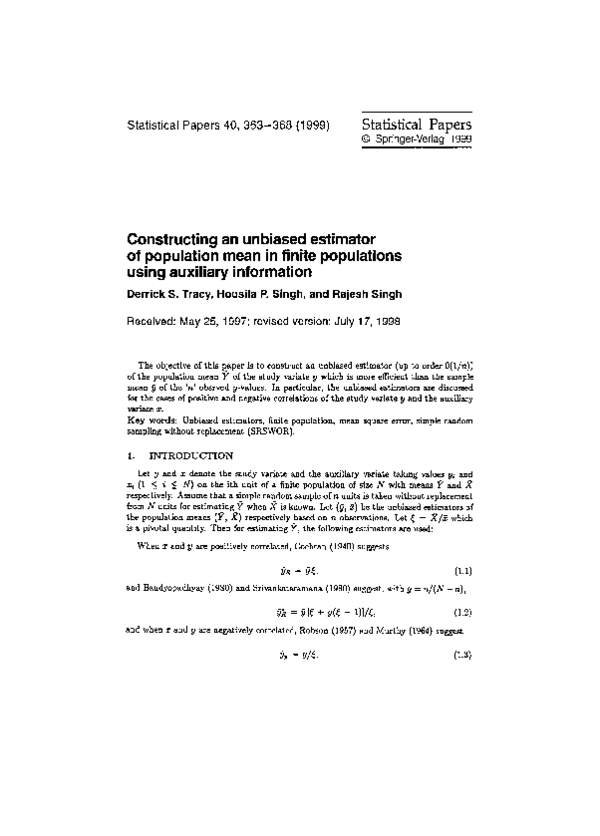 Pdf A Class Of Almost Unbiased Estimators For Finite Populations Mean