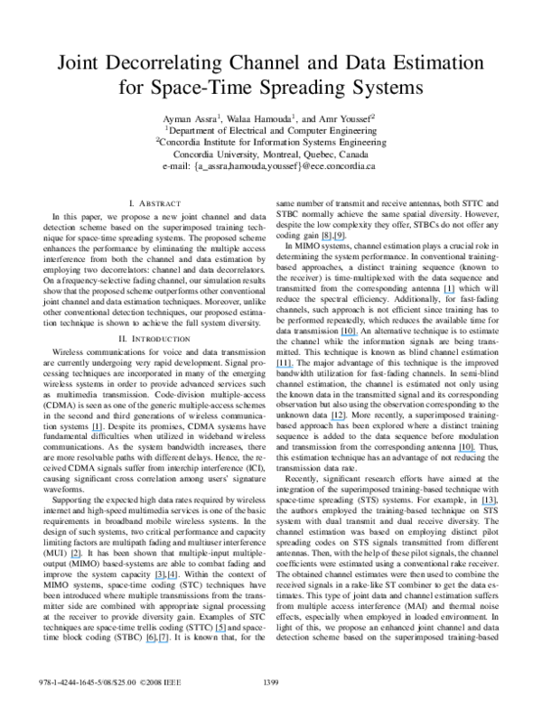 (PDF) Joint Decorrelating Channel and Data Estimation for Space-Time Spreading Systems